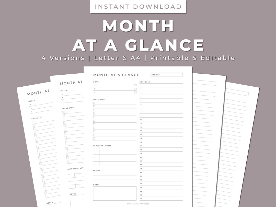 Month at A Glance Printable: Schedule & Notes (letter/a4) (PDF) - Etsy