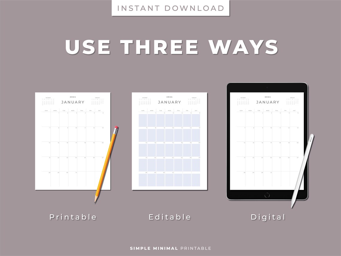 2024 Monthly Printable Calendars, Includes Yearly Calendars, Minimalist ...