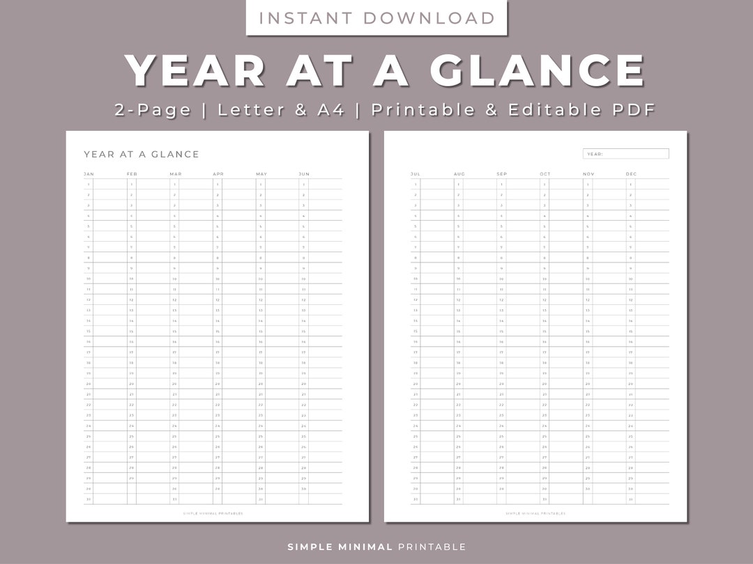 Year at A Glance Printable Planner: 2-page Annual Calendar (PDF) - Etsy