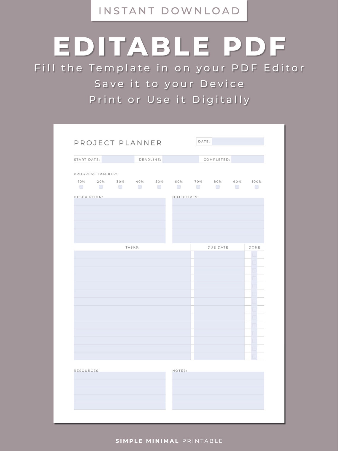 Project Planner Printable, Objects, Tasks, Resource Planner, Business ...
