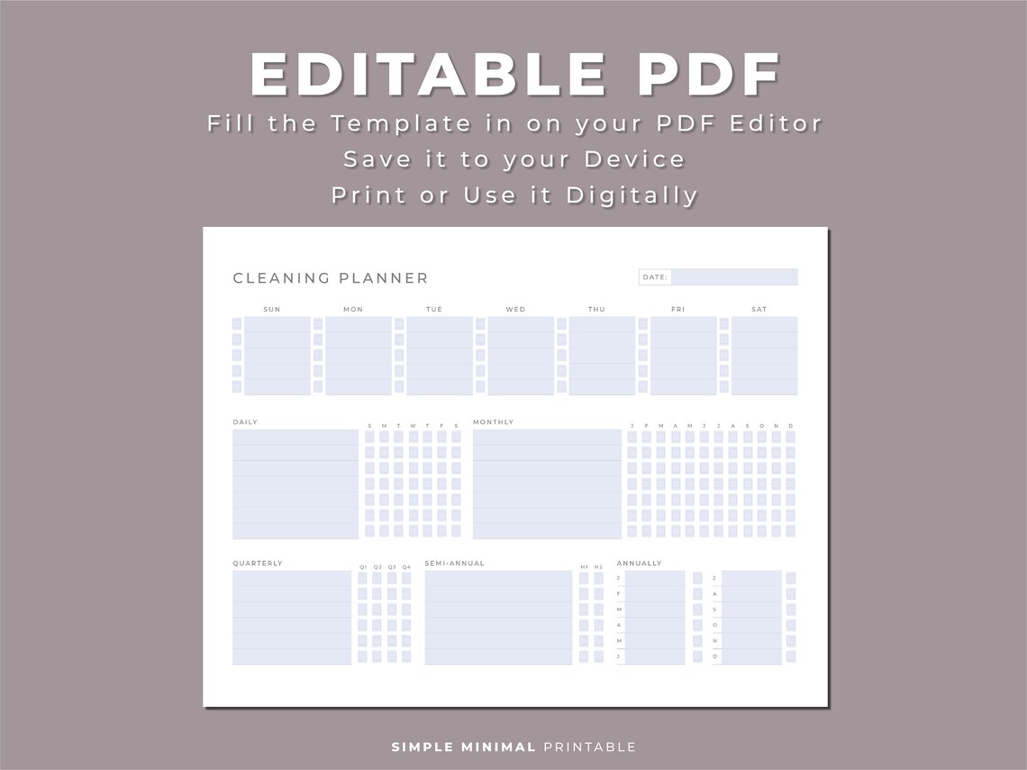 Cleaning Planner Printable, Daily Weekly Monthly Quarterly Semi-annual ...