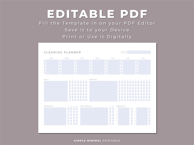 Cleaning Planner Printable, Daily Weekly Monthly Quarterly Semi-annual ...