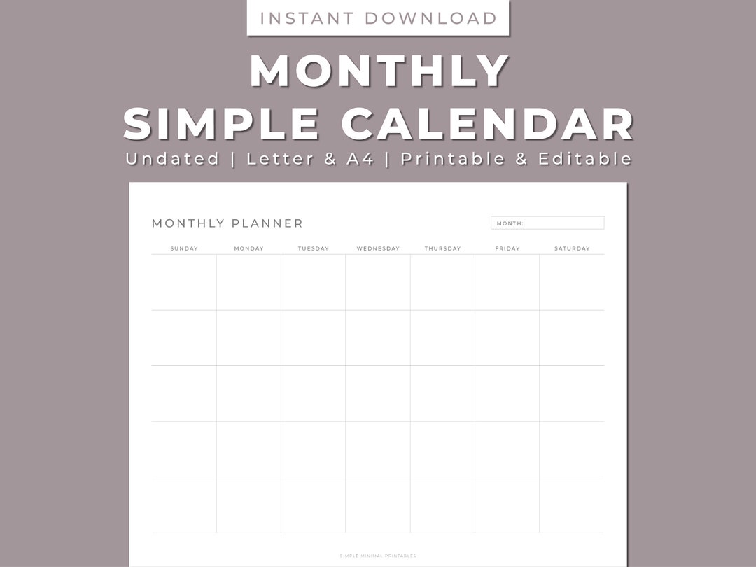 Monthly Simple Calendar Printable, Landscape, Template, Insert, Sun/mon ...
