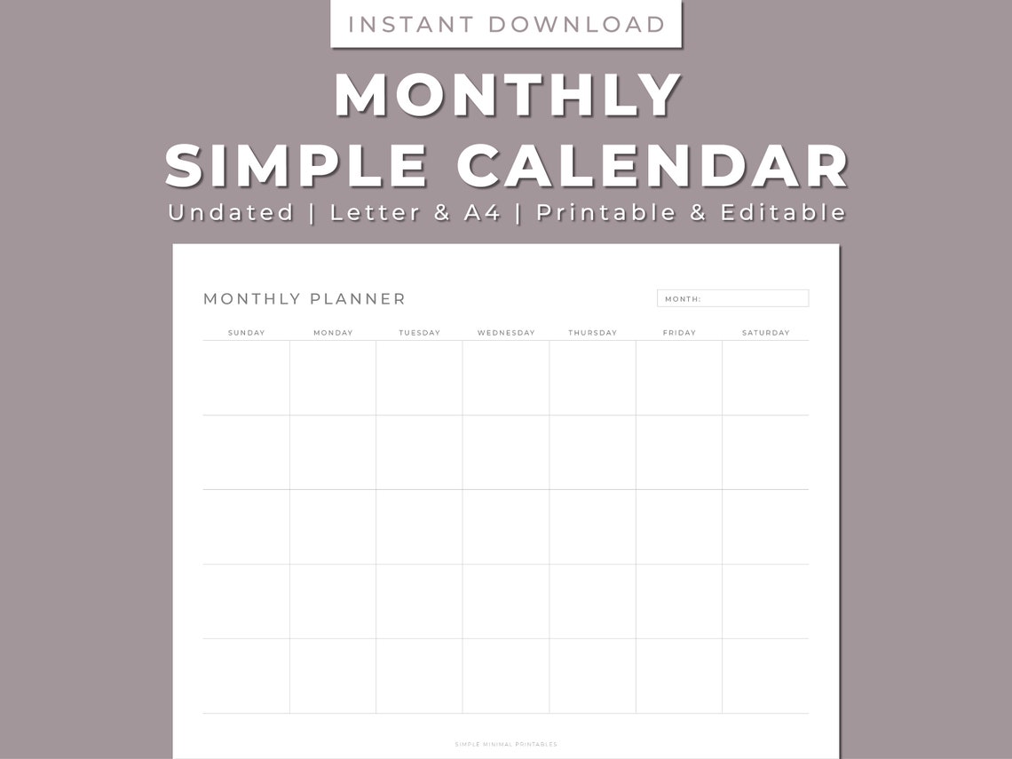 Monthly Simple Calendar Printable, Landscape, Template, Insert, Sun/mon ...