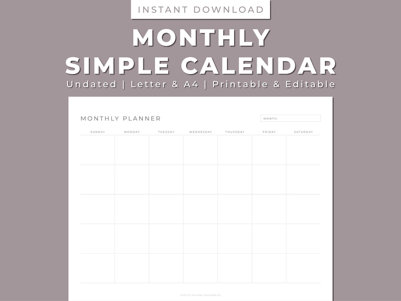 Monthly Simple Calendar Printable, Landscape, Template, Insert, Sun/mon ...