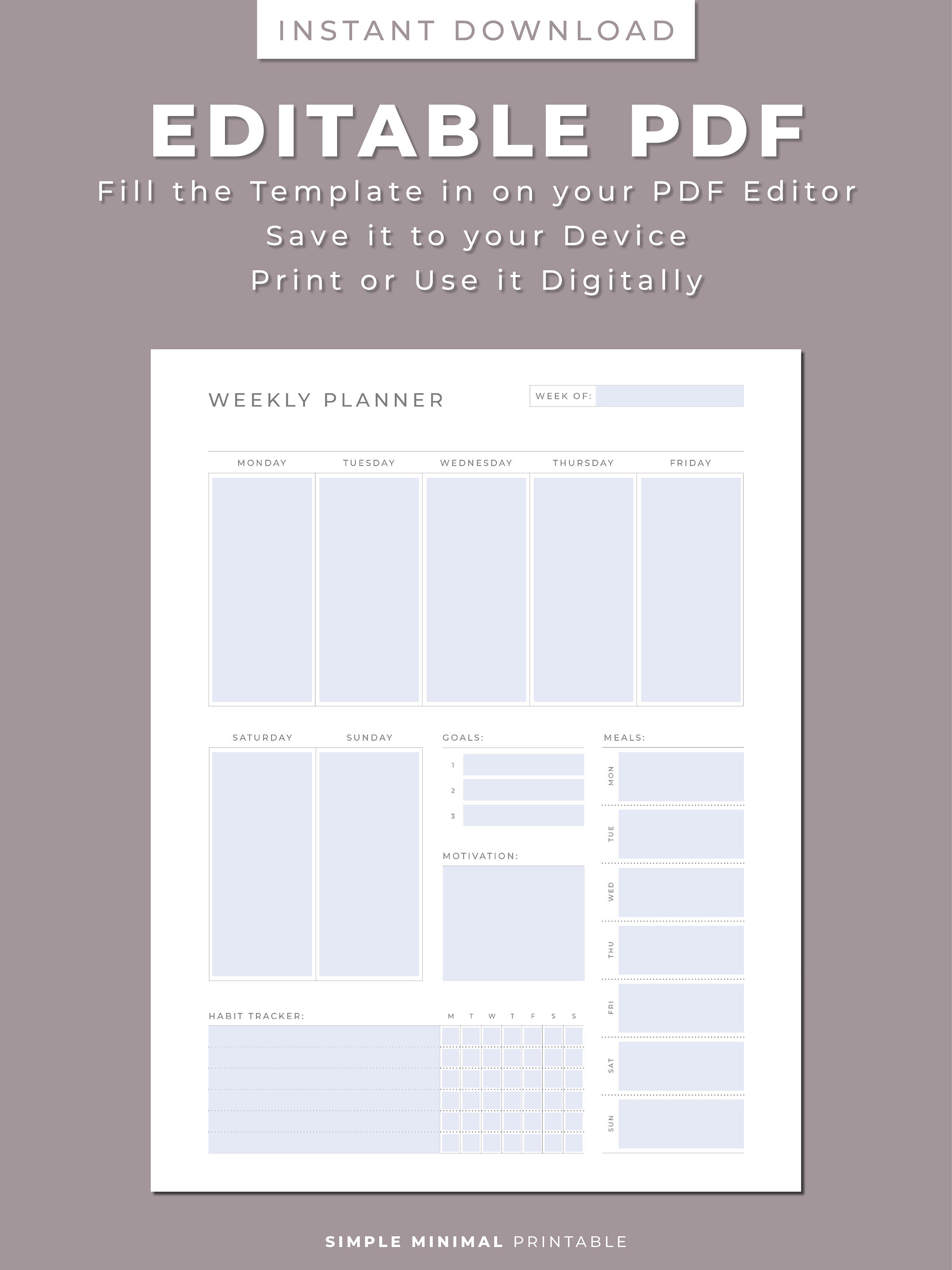 Weekly Printable Planner: Goals, Meals, Habit Tracker (letter/a4) - Etsy