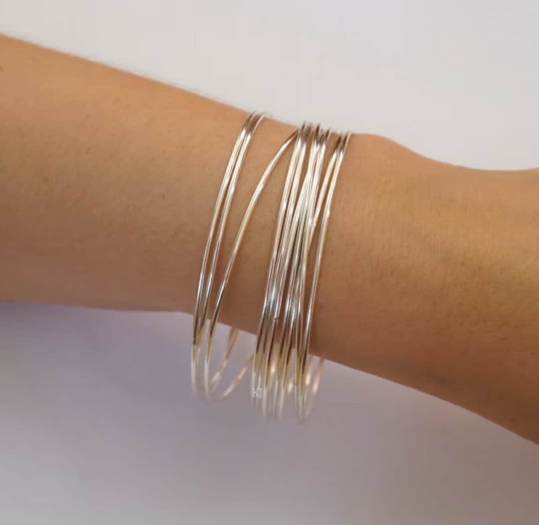 Dainty Thin 1.3mm Round, Sterling Silver Bangle Set, Set of 10 Bangles, Thin Stacking, Bangles ...