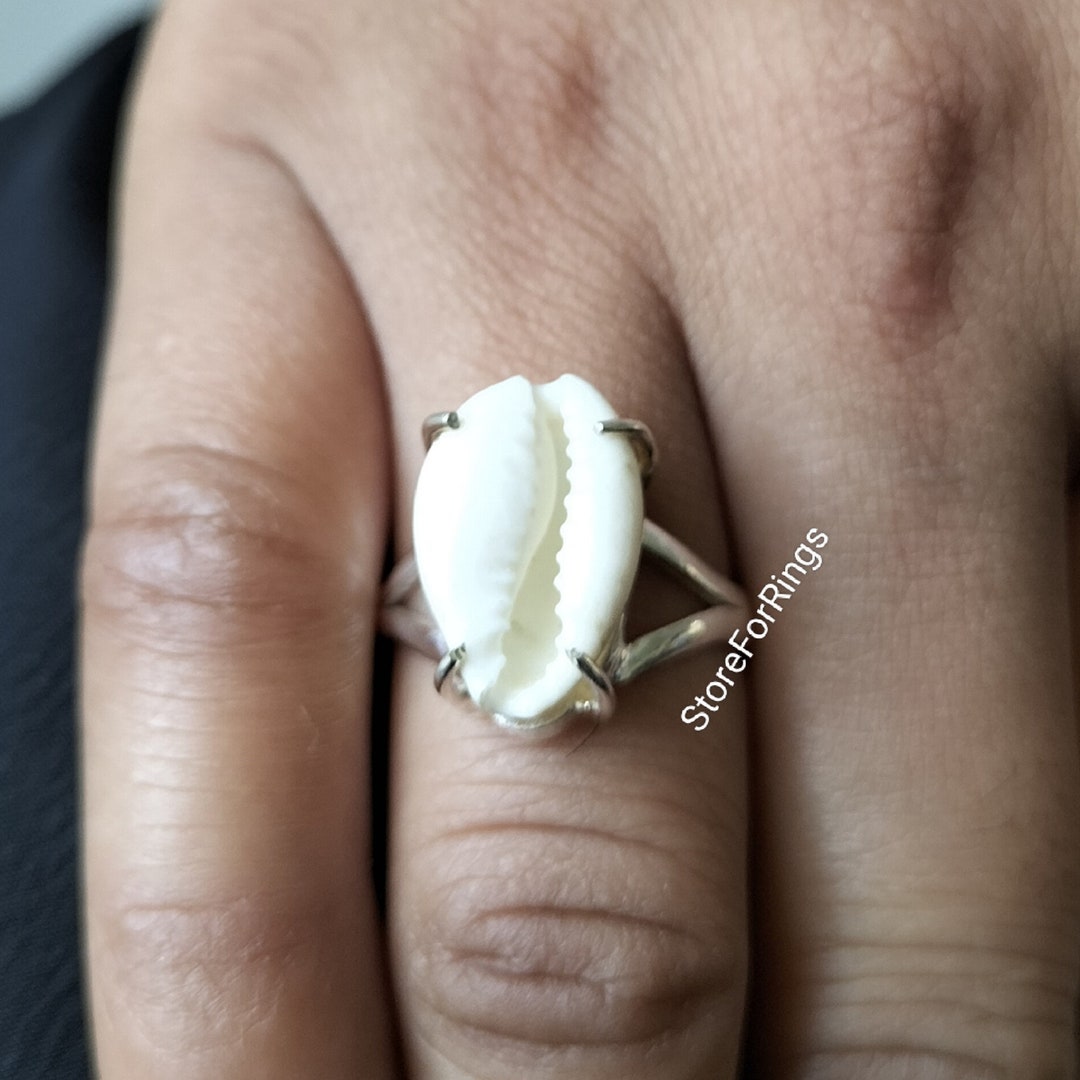 Sterling Silver 92.5 Unisex Cowrie Shell Ring, Cowry Shell Prong Set ...