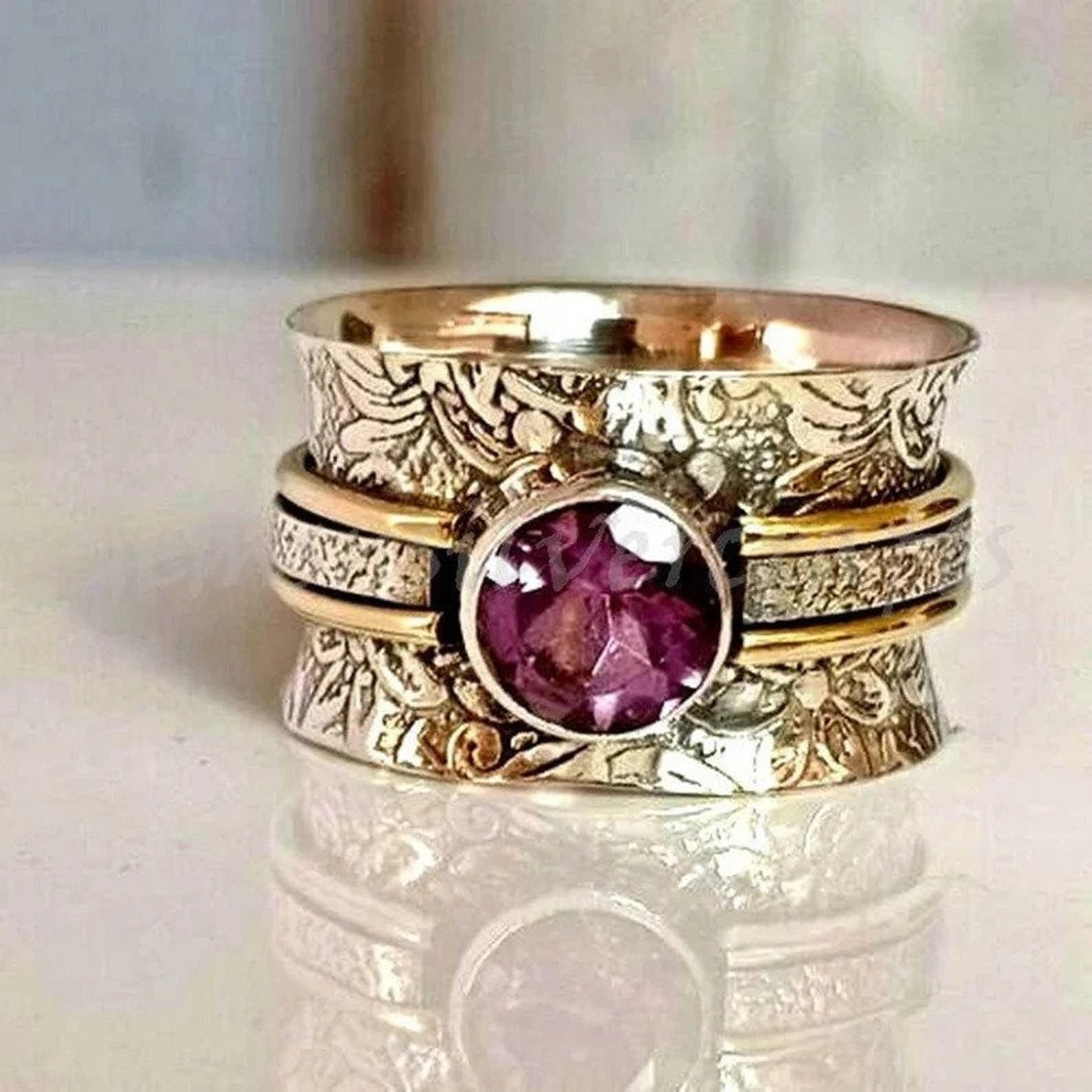 Handmade Amethyst Gemstone Spinner Ring: Silver Brass Boho Fidget ...