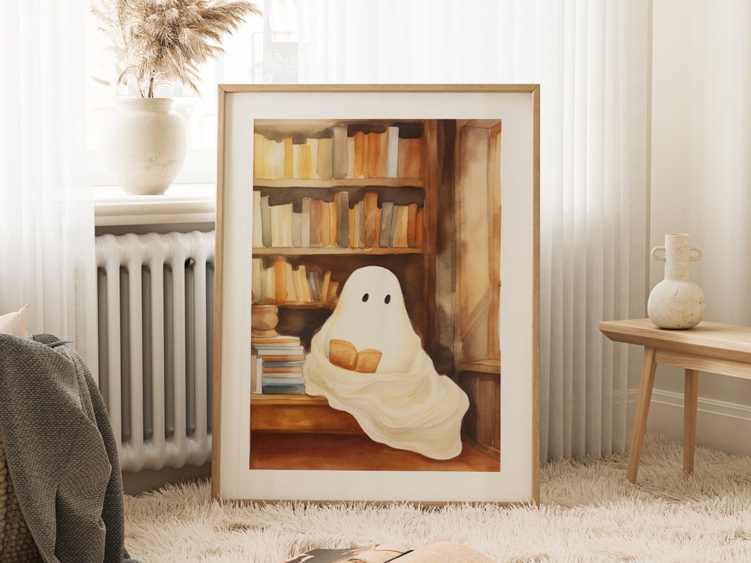 Watercolor Cosy Cute Ghost Library Books Print, Halloween Minimalist ...