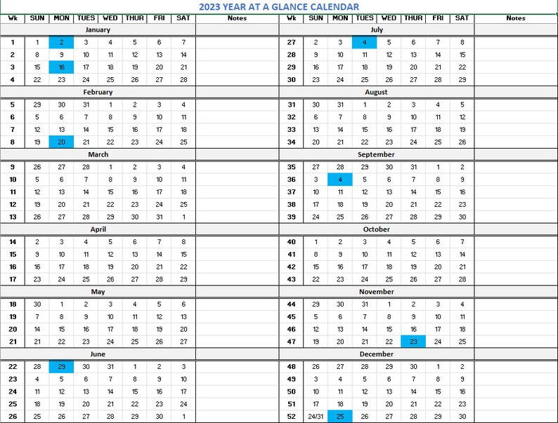 Simple Editable Printable Year at a Glance Spreadsheet Calendar - Etsy