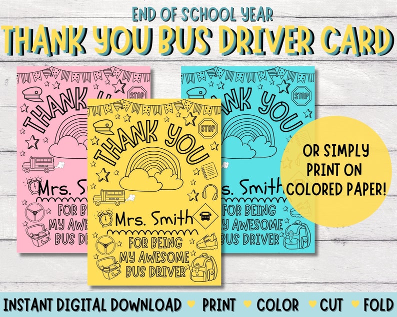 End of School Year Doodle Card - Thank You Bus Driver - Front & Back ...