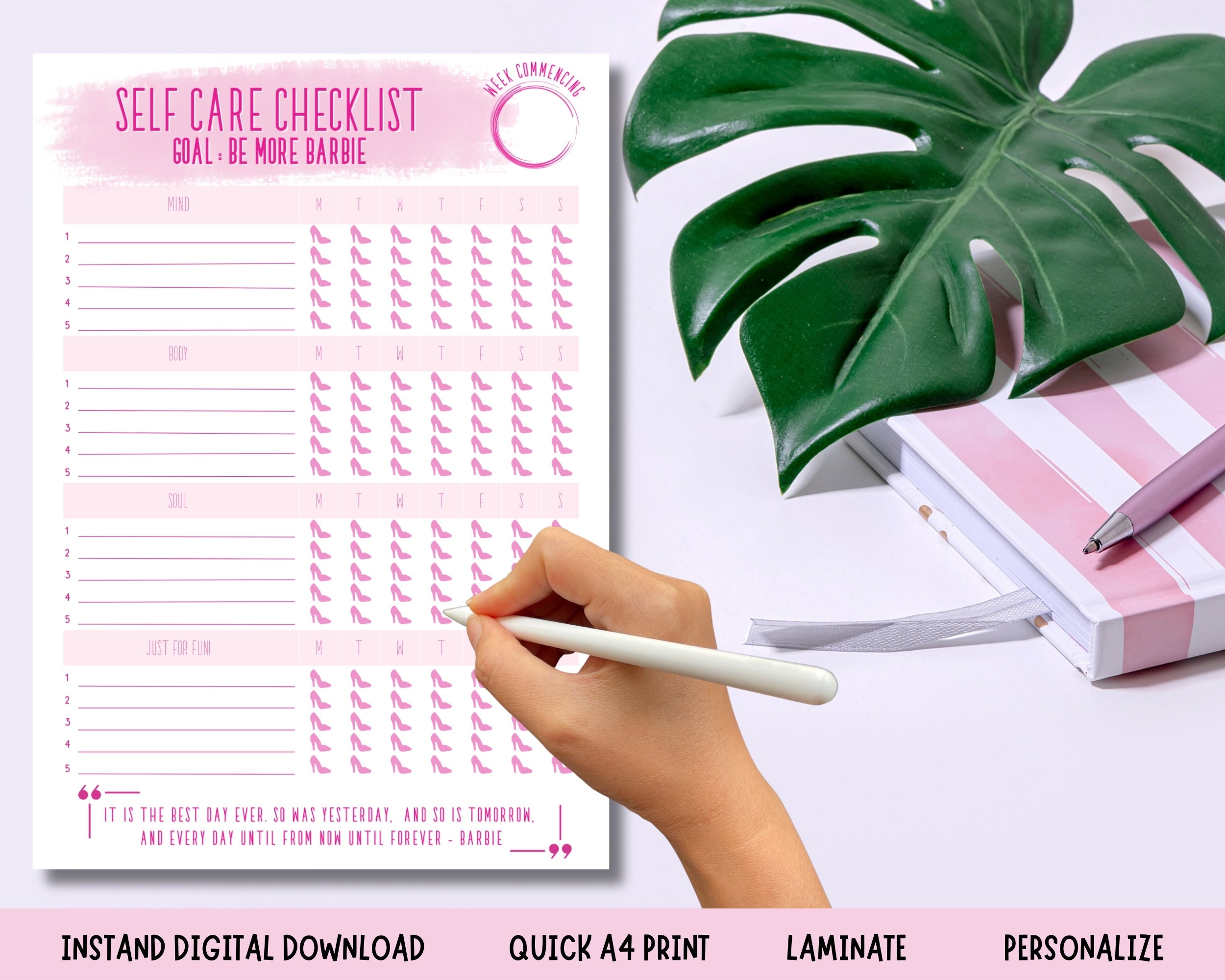 Barbie Inspired Self Care Checklist Mind Body Soul & Fun - Etsy