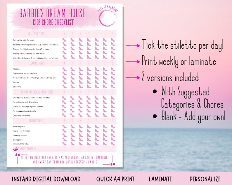 Barbie's Dream House Weekly Chore Chart | Printable for Elementary Kids ...
