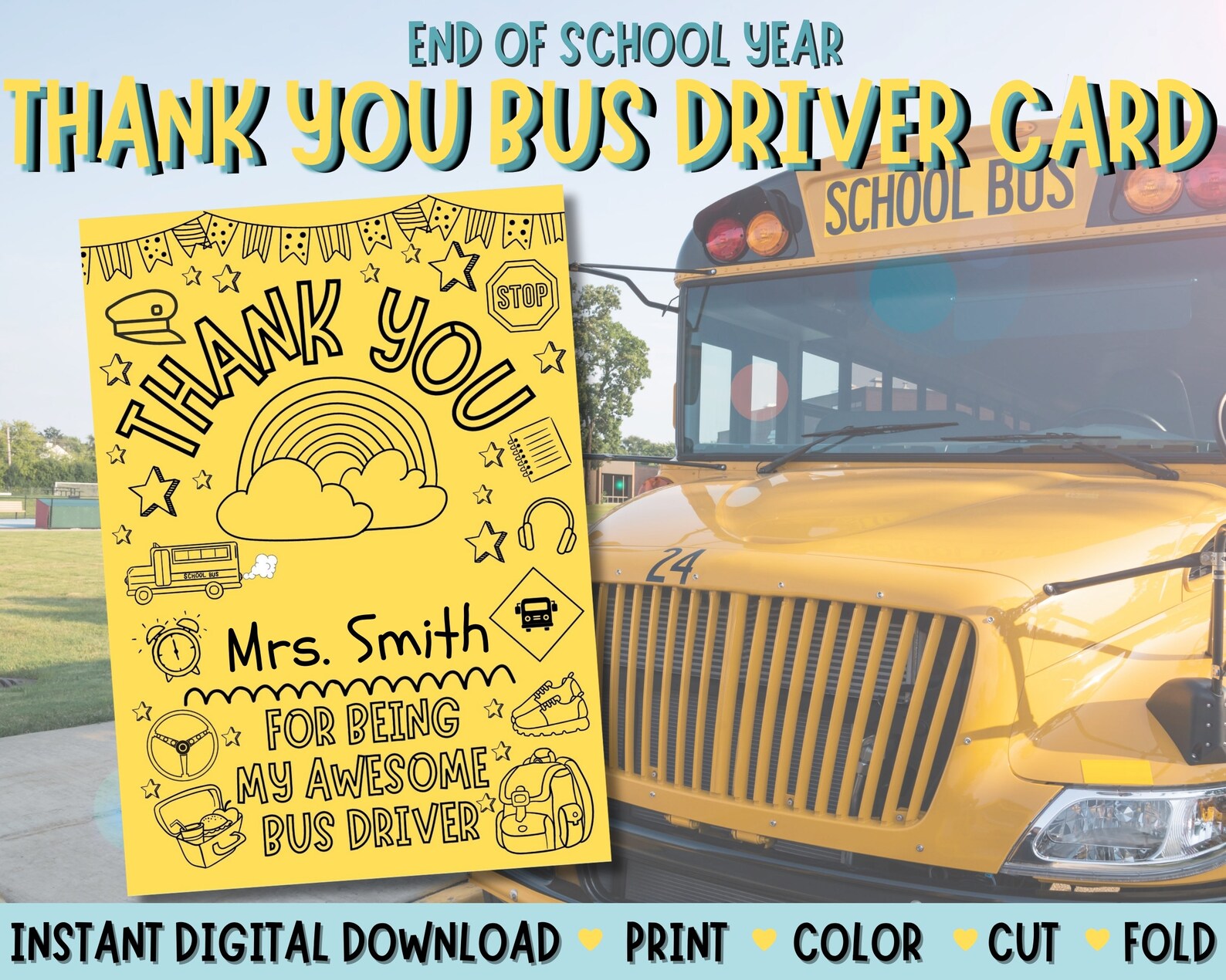 End of School Year Doodle Card Thank You Bus Driver Front - Etsy