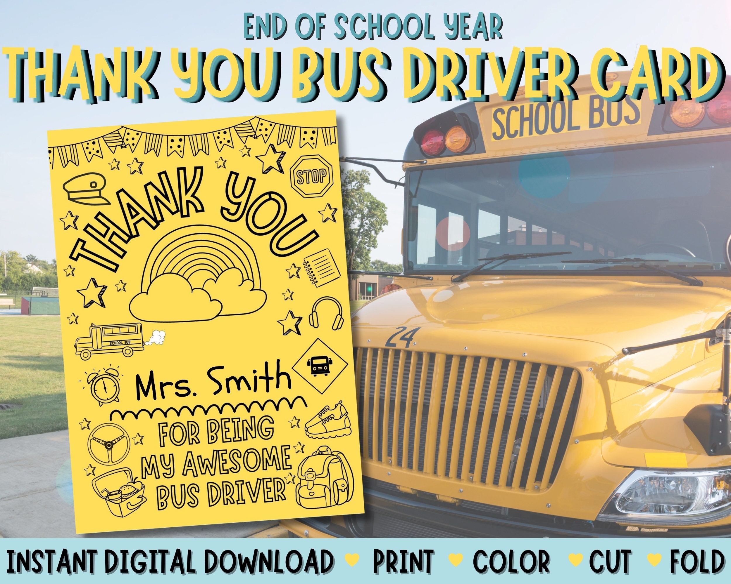 End of School Year Doodle Card Thank You Bus Driver Front - Etsy