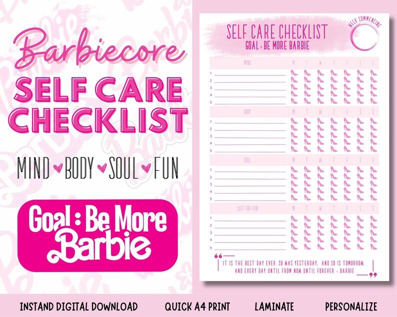 Barbie Inspired Self Care Checklist Mind Body Soul & Fun - Etsy