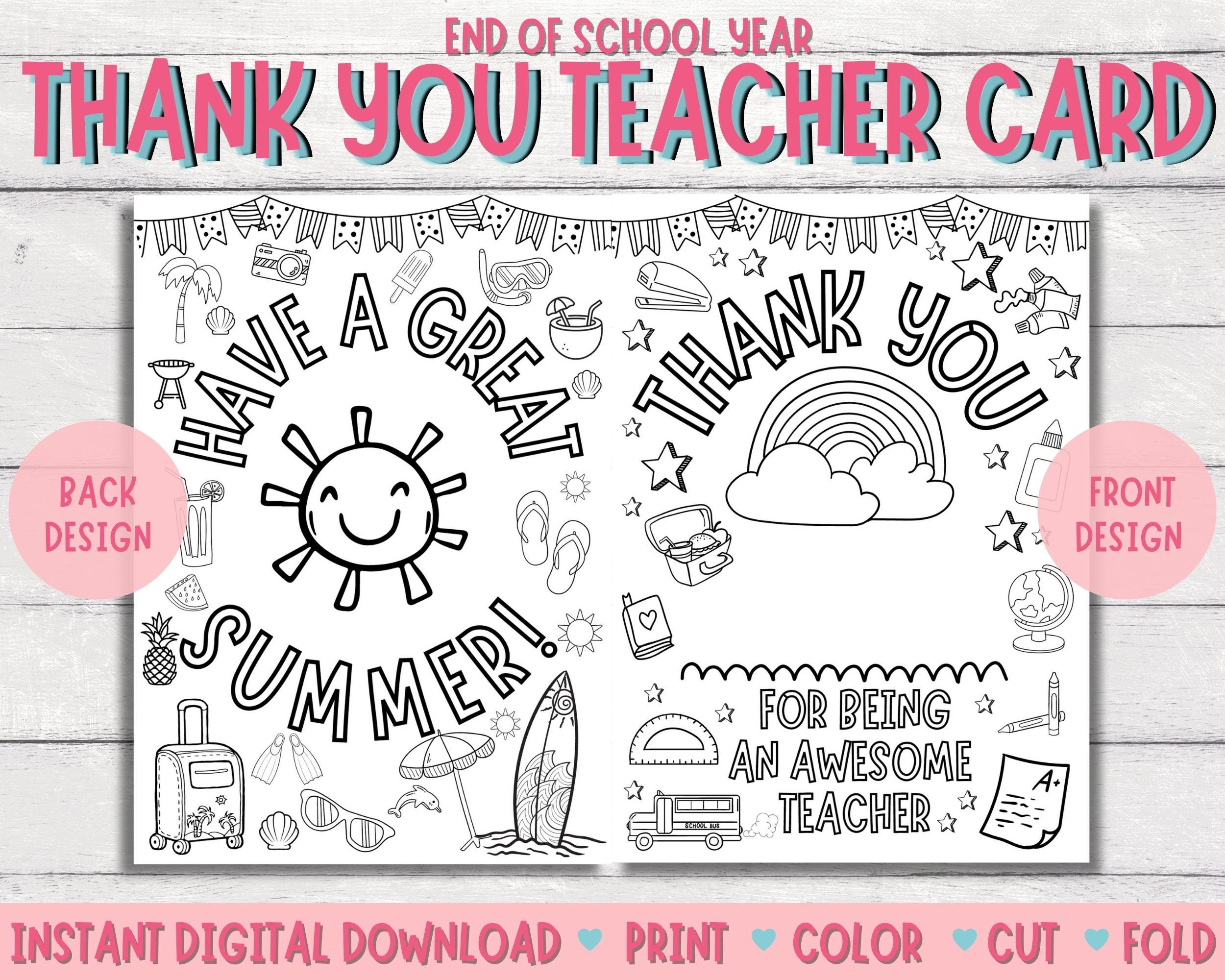 End of School Year Doodle Card - Thank You Teacher - Front & Back ...