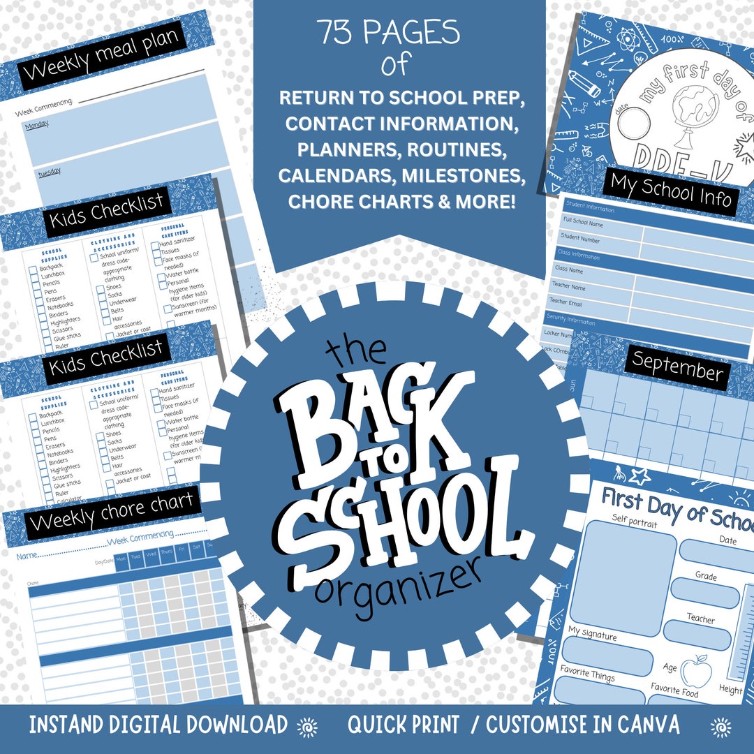 Back to School Organizer | Blue School Doodles Design | 75-pages ...