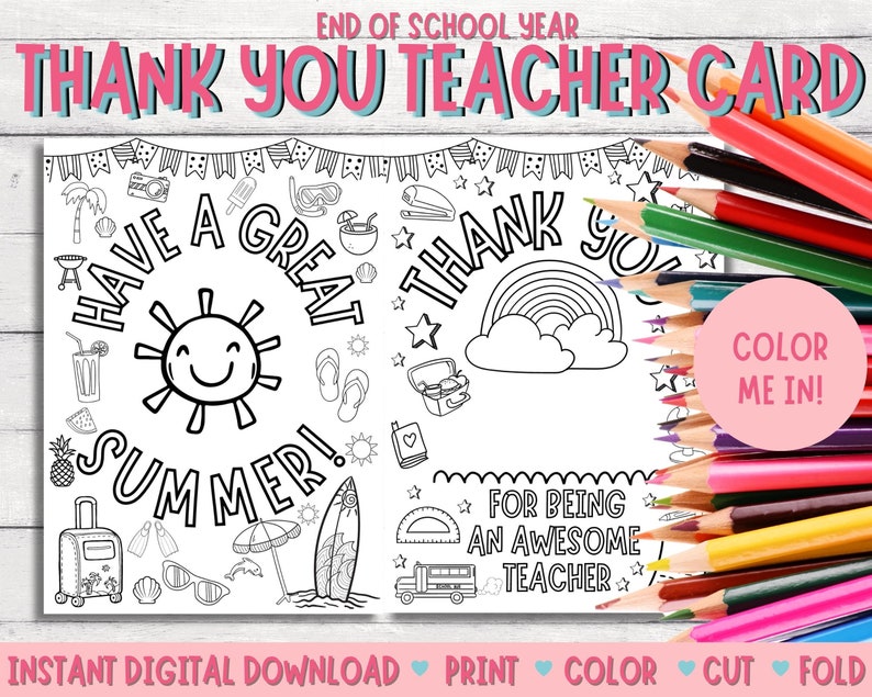 End of School Year Doodle Card - Thank You Teacher - Front & Back ...