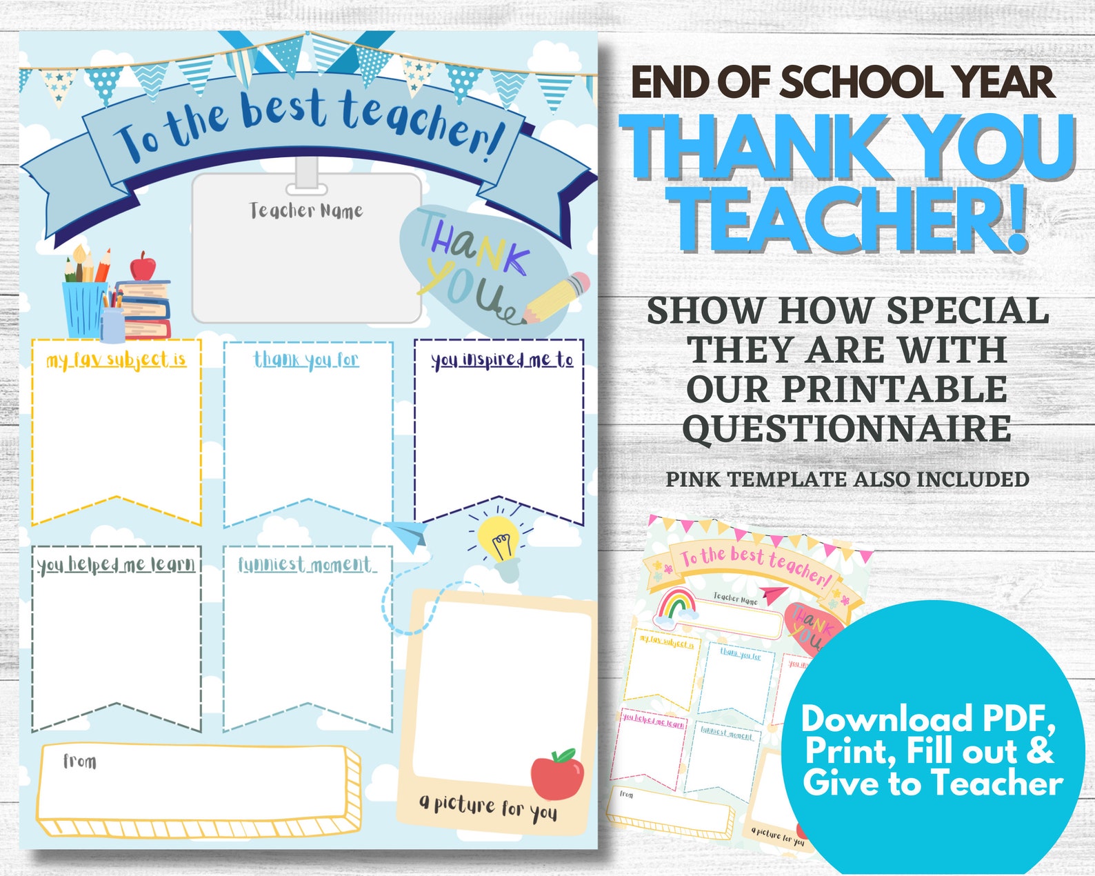 2pk Thank You Teacher Activity Sheet Includes Pink & Blue - Etsy