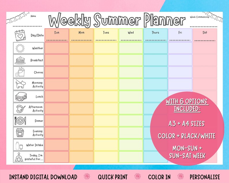 Fun Kids Weekly Summer Planner - Print & Personalize - Instant Digital ...