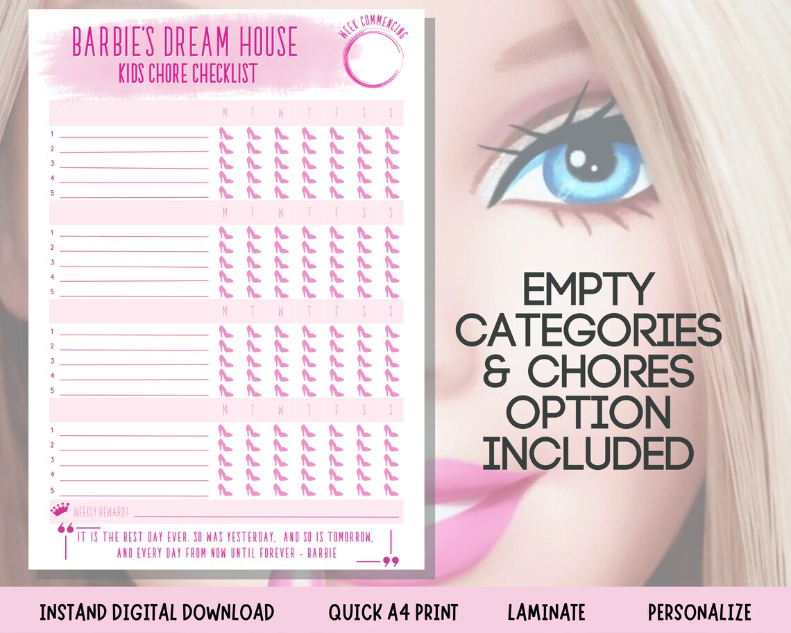 Barbie's Dream House Weekly Chore Chart Printable for Elementary Kids ...