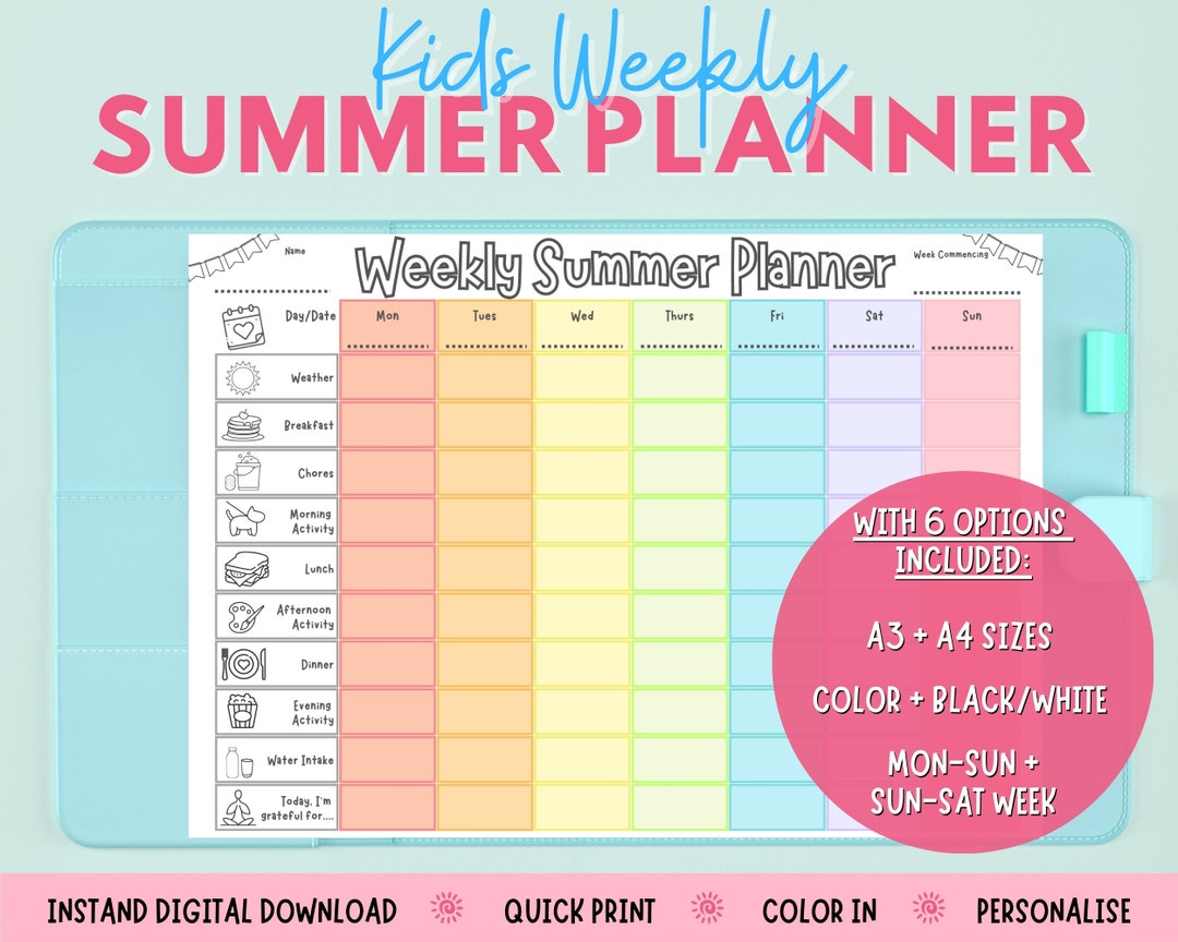 Fun Kids Weekly Summer Planner - Print & Personalize - Instant Digital ...