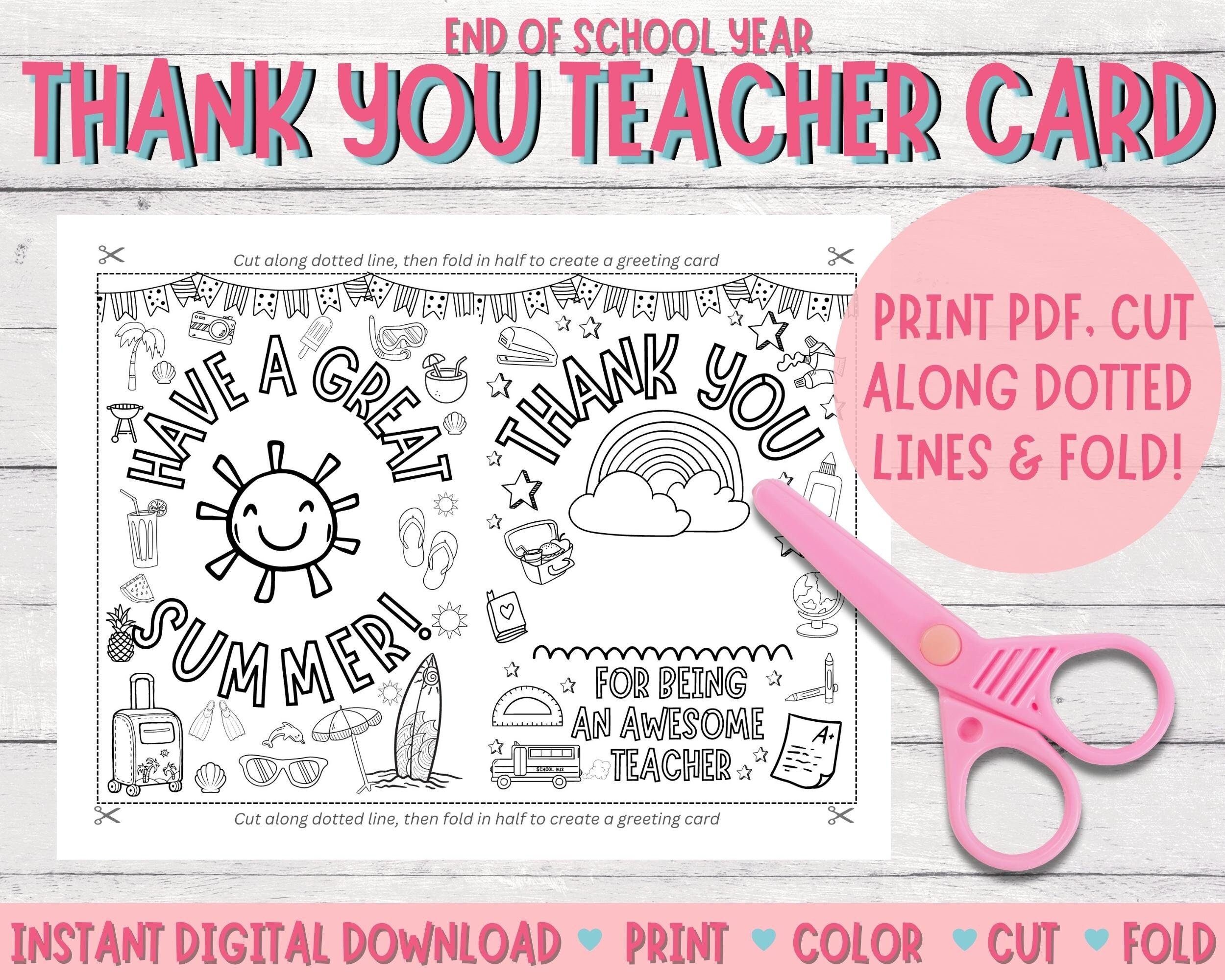 End of School Year Doodle Card Thank You Teacher Front & Back Designs ...