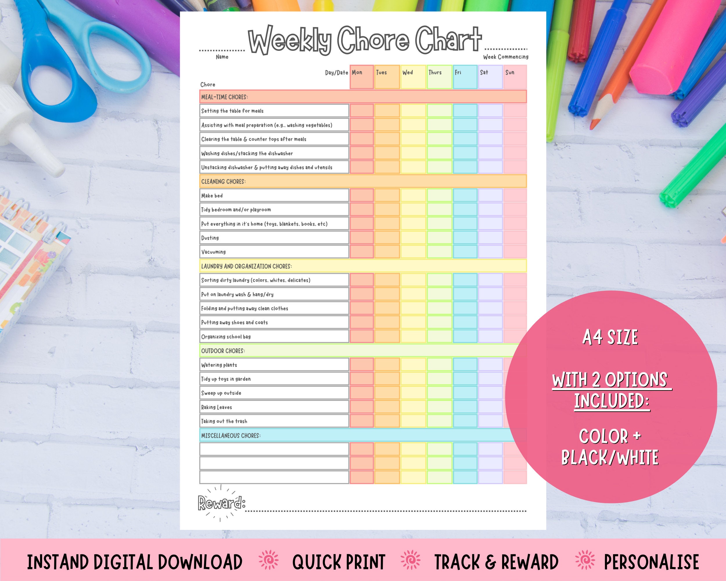 Printable Chore Chart for Kids | Weekly Routine and Reward | Elementary ...