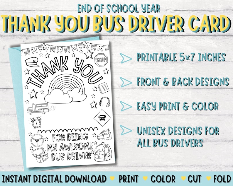 End of School Year Doodle Card - Thank You Bus Driver - Front & Back ...