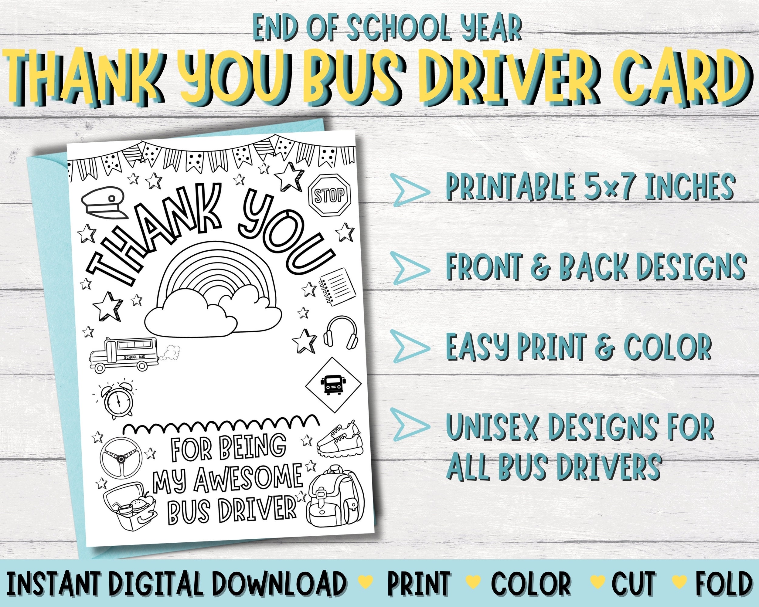 End of School Year Doodle Card Thank You Bus Driver Front - Etsy