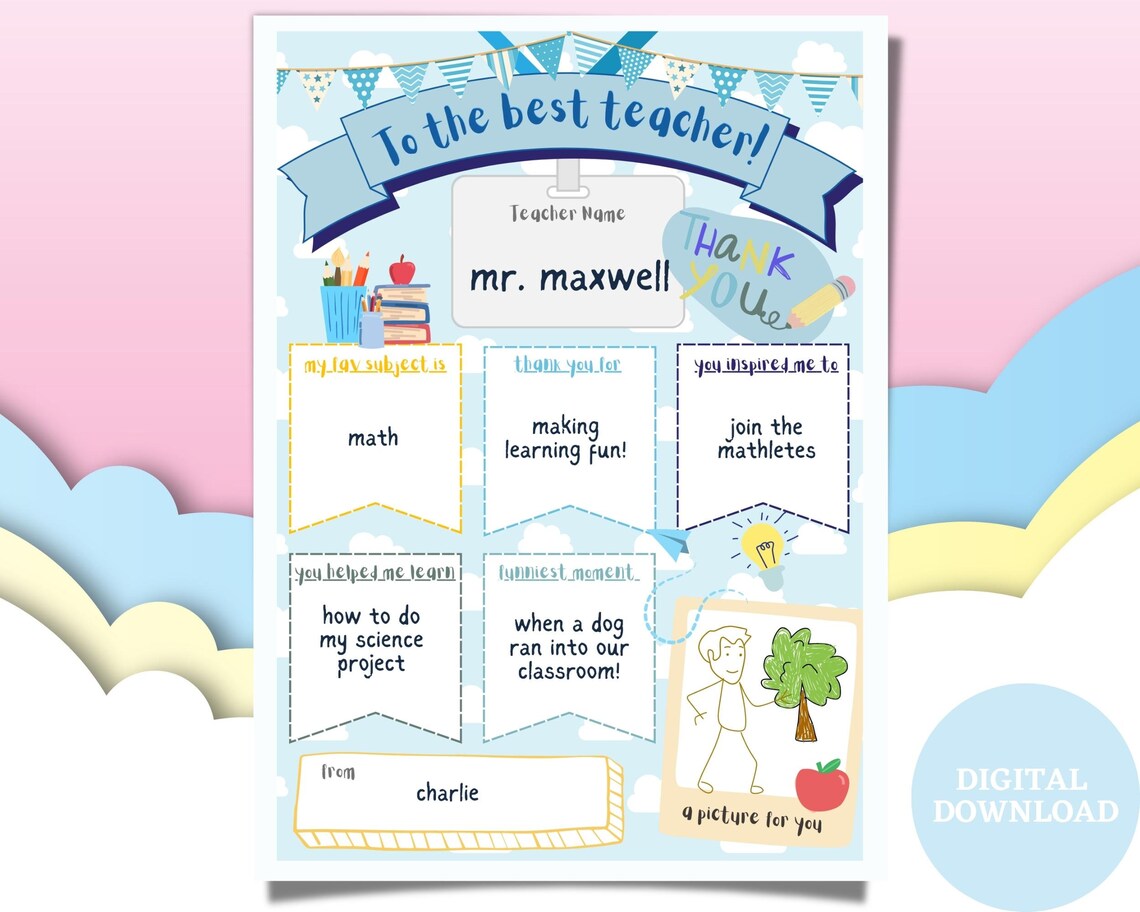 2pk Thank You Teacher Activity Sheet Includes Pink & Blue - Etsy