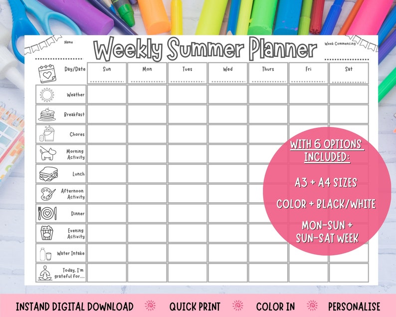 Fun Kids Weekly Summer Planner - Print & Personalize - Instant Digital ...