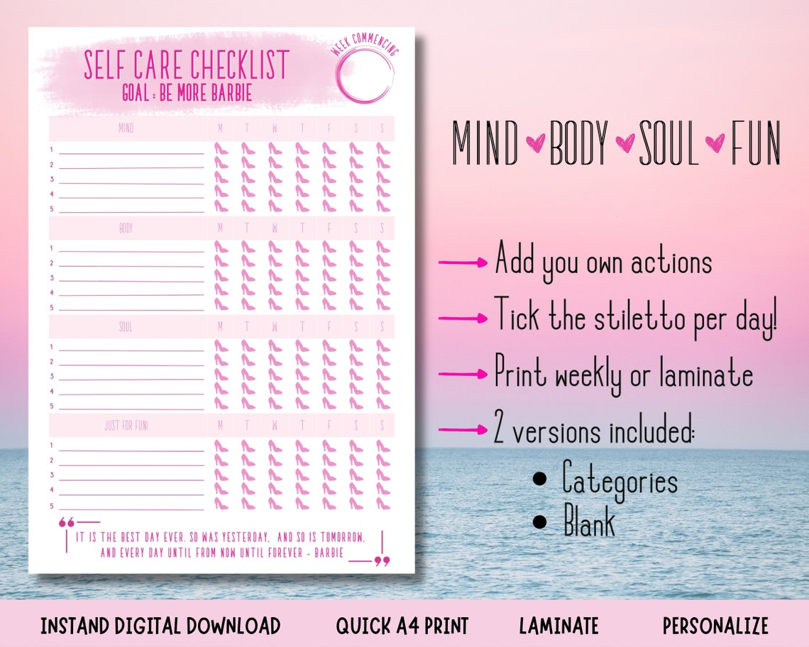 Barbie Inspired Self Care Checklist Mind Body Soul & Fun - Etsy