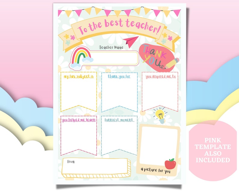 2pk Thank You Teacher Activity Sheet Includes Pink & Blue - Etsy