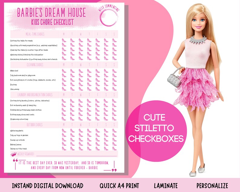 Barbie's Dream House Weekly Chore Chart | Printable for Elementary Kids ...
