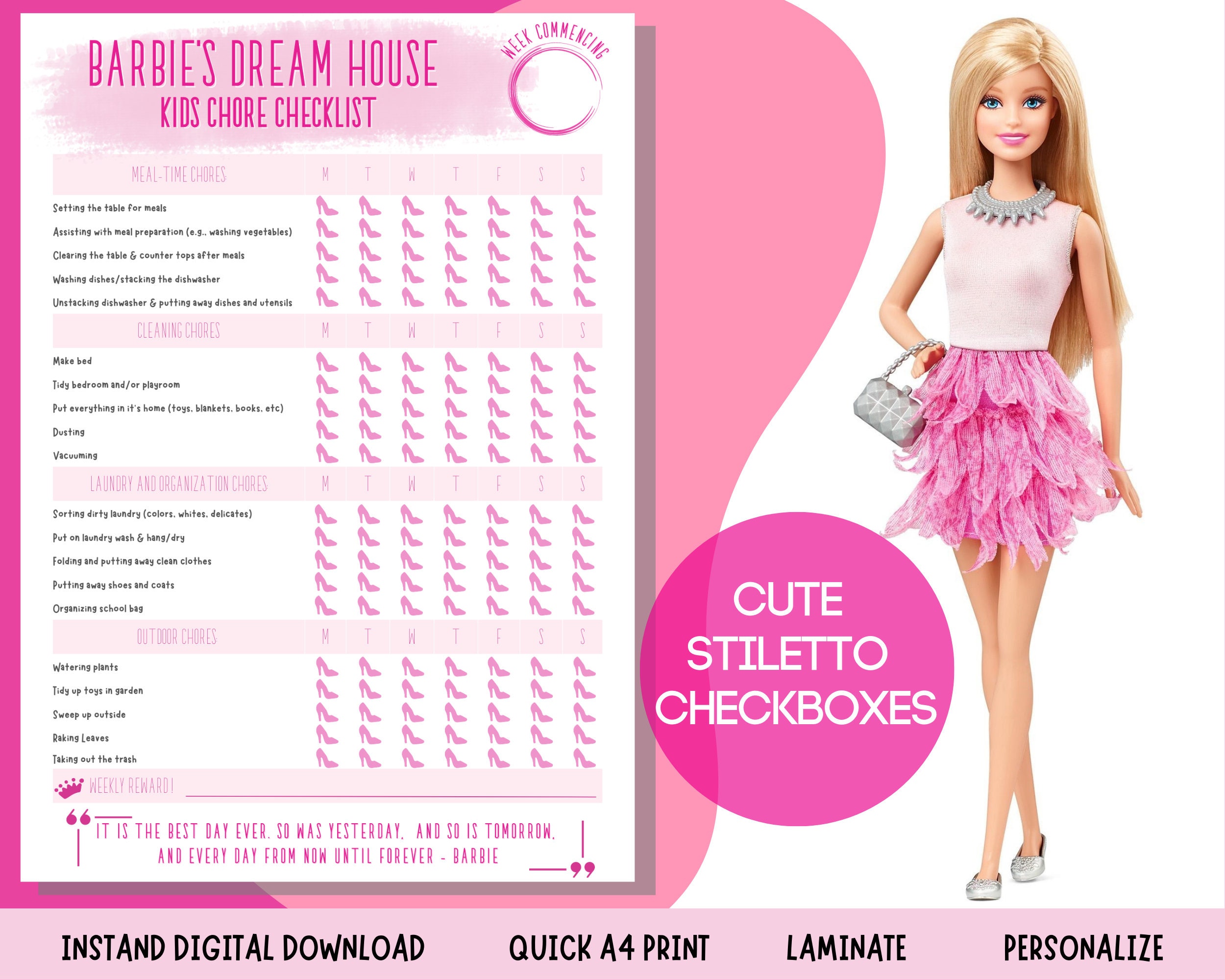 Barbie's Dream House Weekly Chore Chart | Printable for Elementary Kids ...