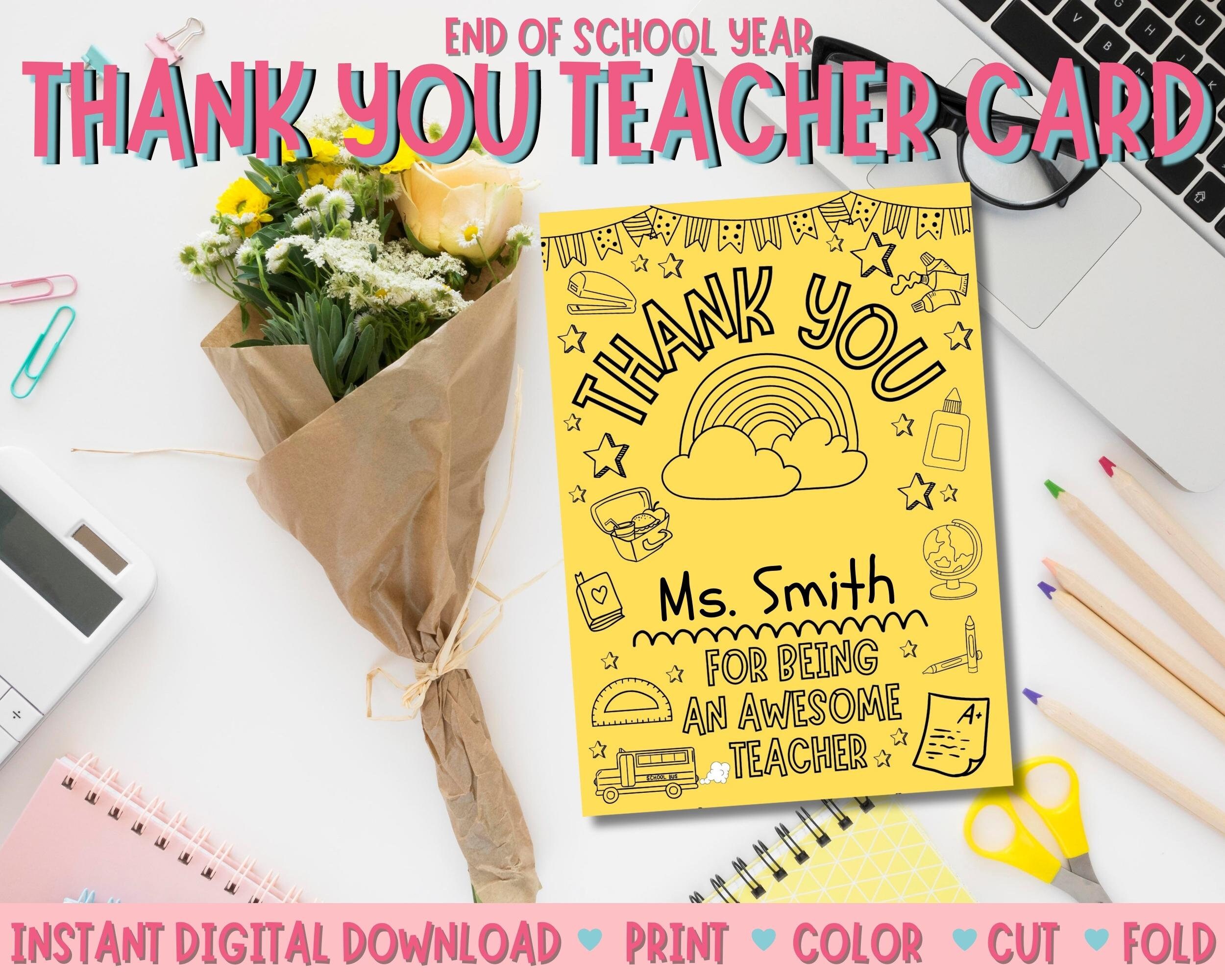 End of School Year Doodle Card Thank You Teacher Front & Back Designs ...
