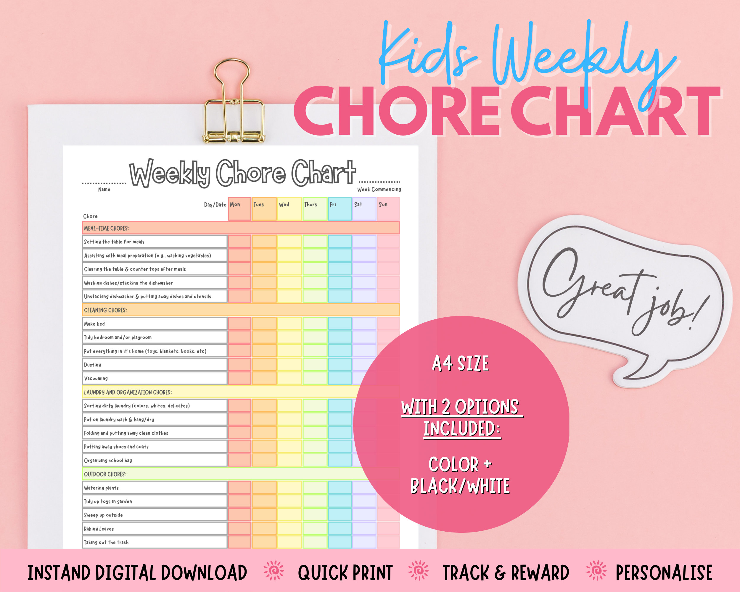 Printable Chore Chart for Kids | Weekly Routine and Reward | Elementary ...
