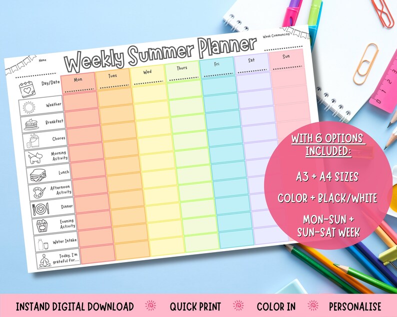 Fun Kids Weekly Summer Planner - Print & Personalize - Instant Digital ...