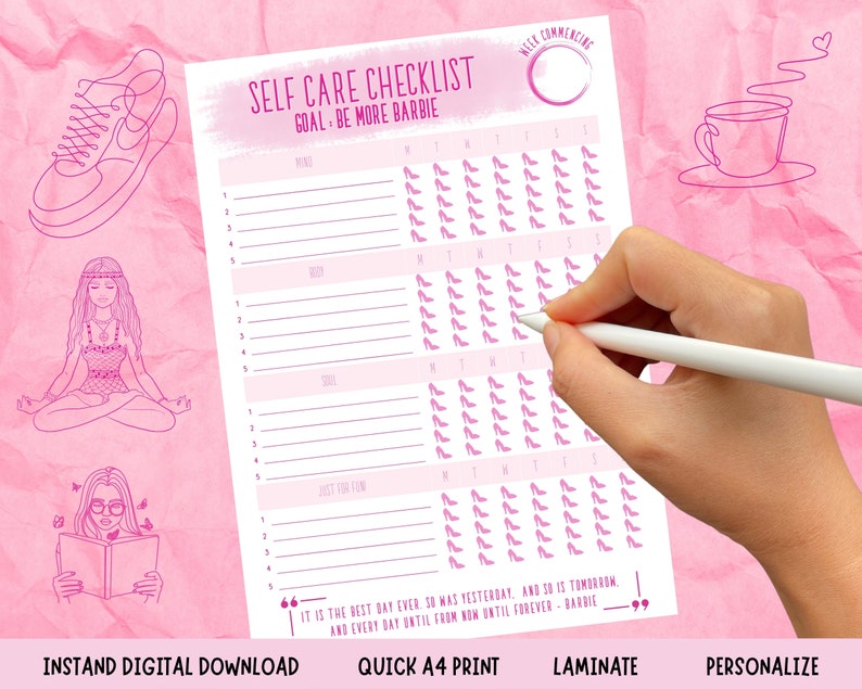Barbie Inspired Self Care Checklist Mind Body Soul & Fun - Etsy