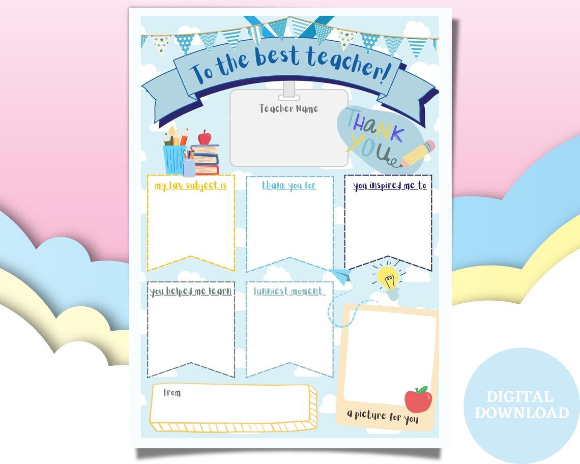 2pk Thank You Teacher Activity Sheet Includes Pink & Blue - Etsy