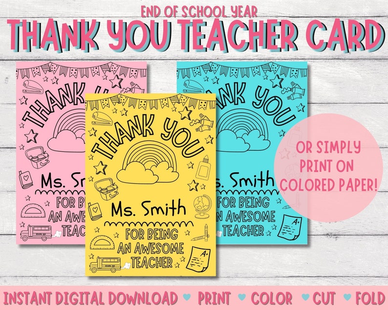 End of School Year Doodle Card - Thank You Teacher - Front & Back ...