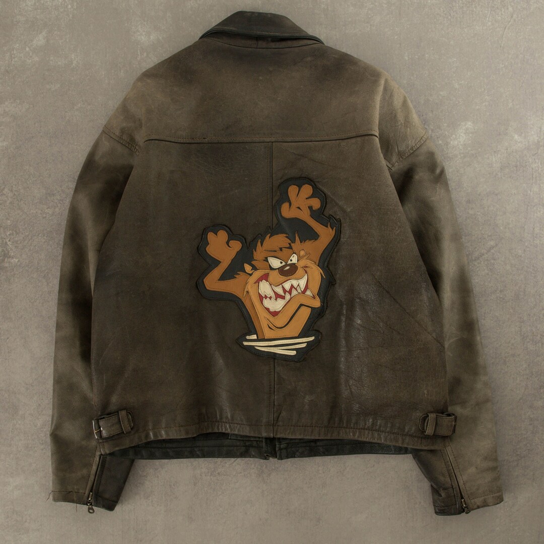 Vintage 1990s Tasmanian Devil Cartoon Leather Bomber Jacket XL Grey ...