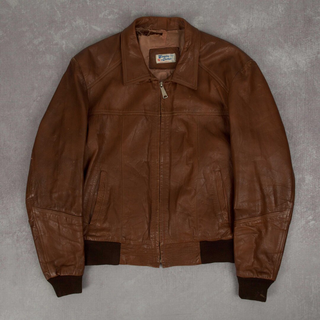Vintage 70s Leather Bomber Jacket L Mens Brown Western Rodeo - Etsy