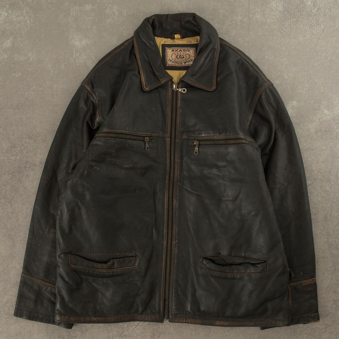 Vintage 1990s Leather Jacket XL Brown - Etsy