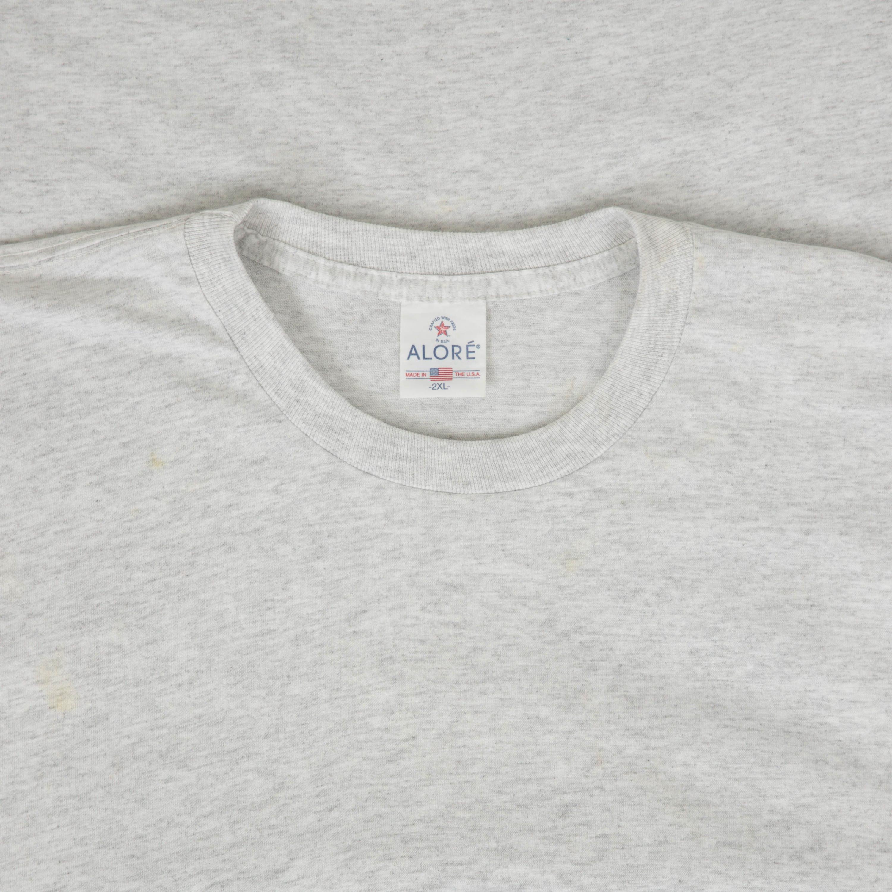 Vintage Alore 90s Undone Back Print Graphic T-shirt XL Mens Light Grey ...