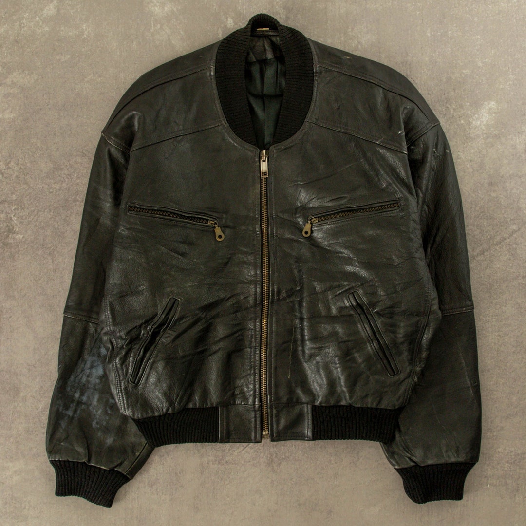 Vintage 1990s Leather Bomber Jacket Large Black - Etsy