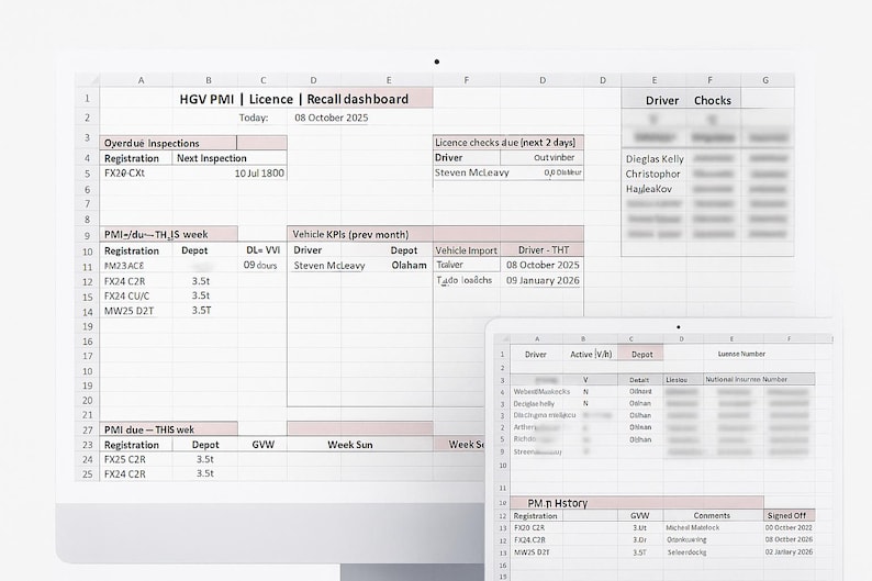 HGV Transport Compliance Excel Dashboard | PMI Calendar, Licence Checks ...
